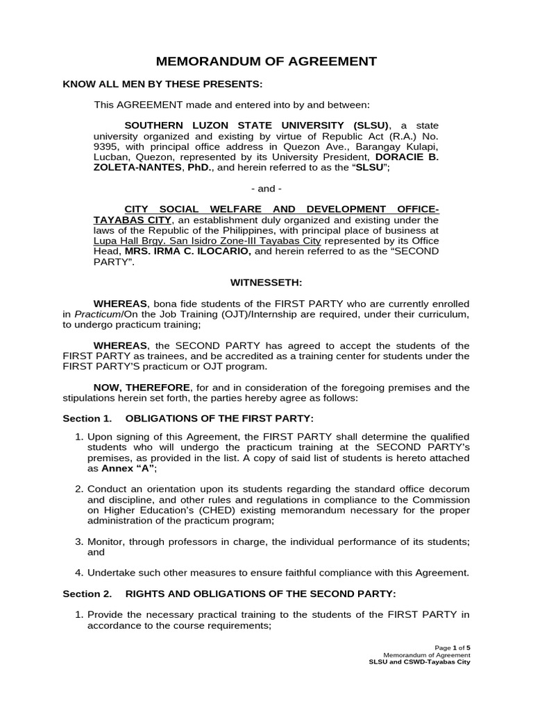 2023 MEMORANDUM OF AGREEMENT On The Job Training Internship OJT MOA ...