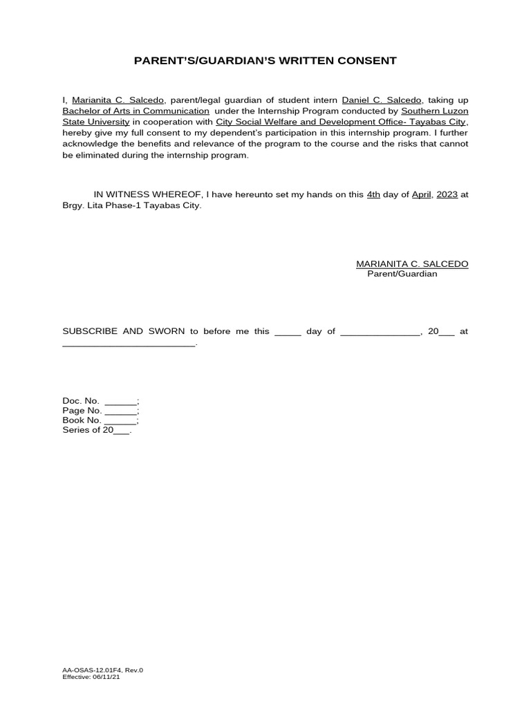 AA OSAS 12.01F4 Rev.0 Parents Guardians Written Consent | PDF