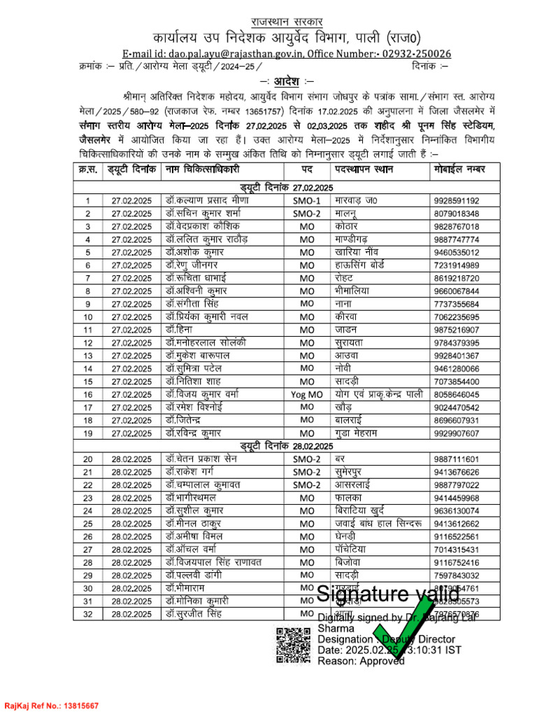 Aarogya Mela Drs Duty 25-02-2025 | PDF