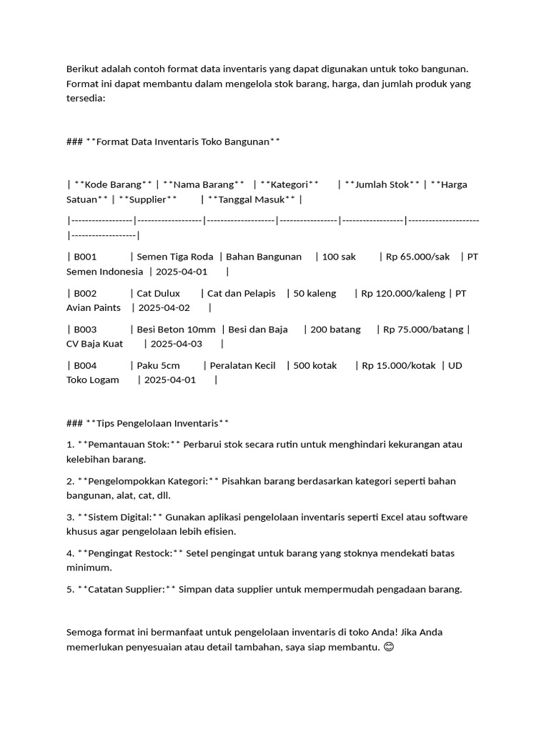 Berikut Adalah Contoh Format Data Inventaris Yang Dapat Digunakan Untuk ...