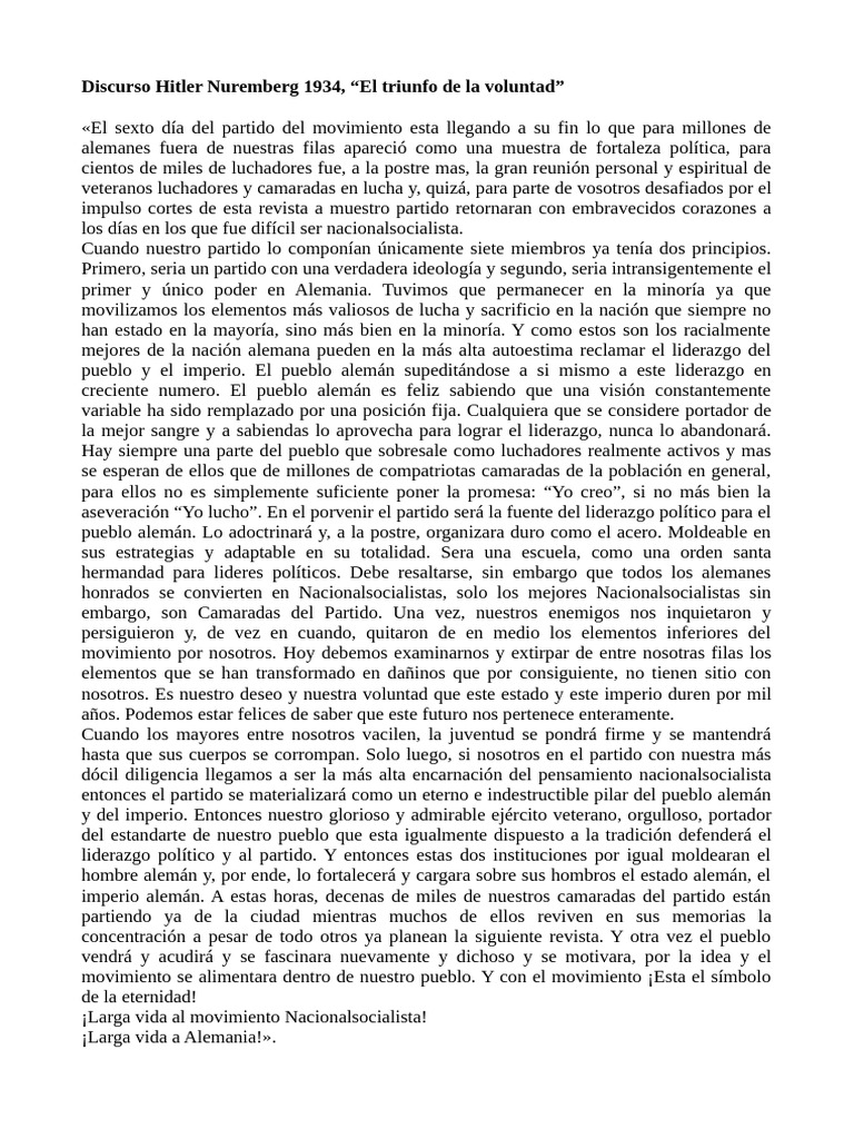 Discurso de Hitler en Nuremberg 1934 | PDF | nazismo | Adolf Hitler
