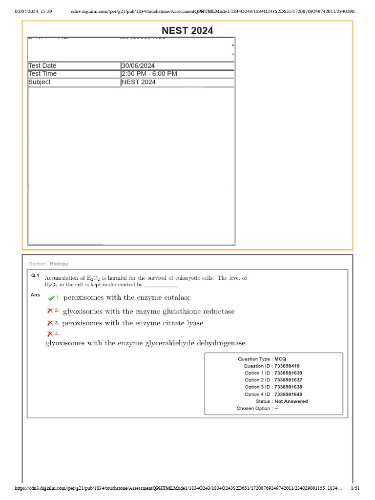 NEST 2024 Session 2 | PDF | Multiple Choice | Standardized Tests