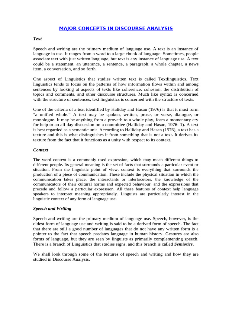 MAJOR CONCEPTS IN DISCOURSE ANALYSIS Unit 2 | PDF | Linguistics | Human Communication