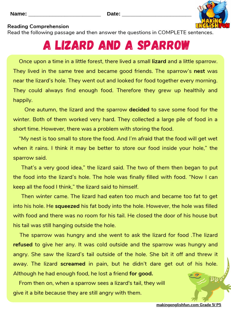Lizard and Sparrow 5th Grade | PDF