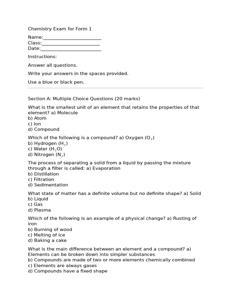 Chemistry Exam For Form 1 | PDF