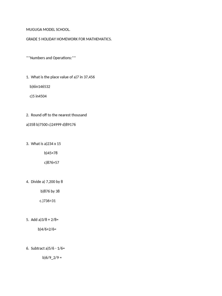 Grade 5 Holiday Math Homework | PDF