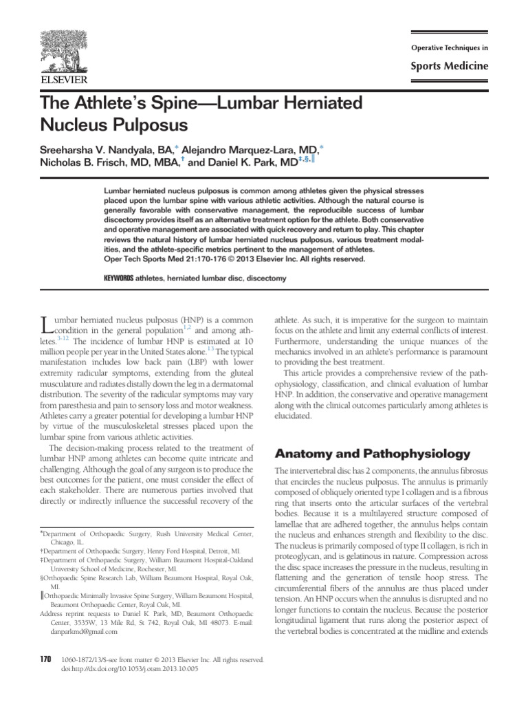 The Athlete Spine Lumbar Herniated Nucleus Pulposus Published | PDF ...