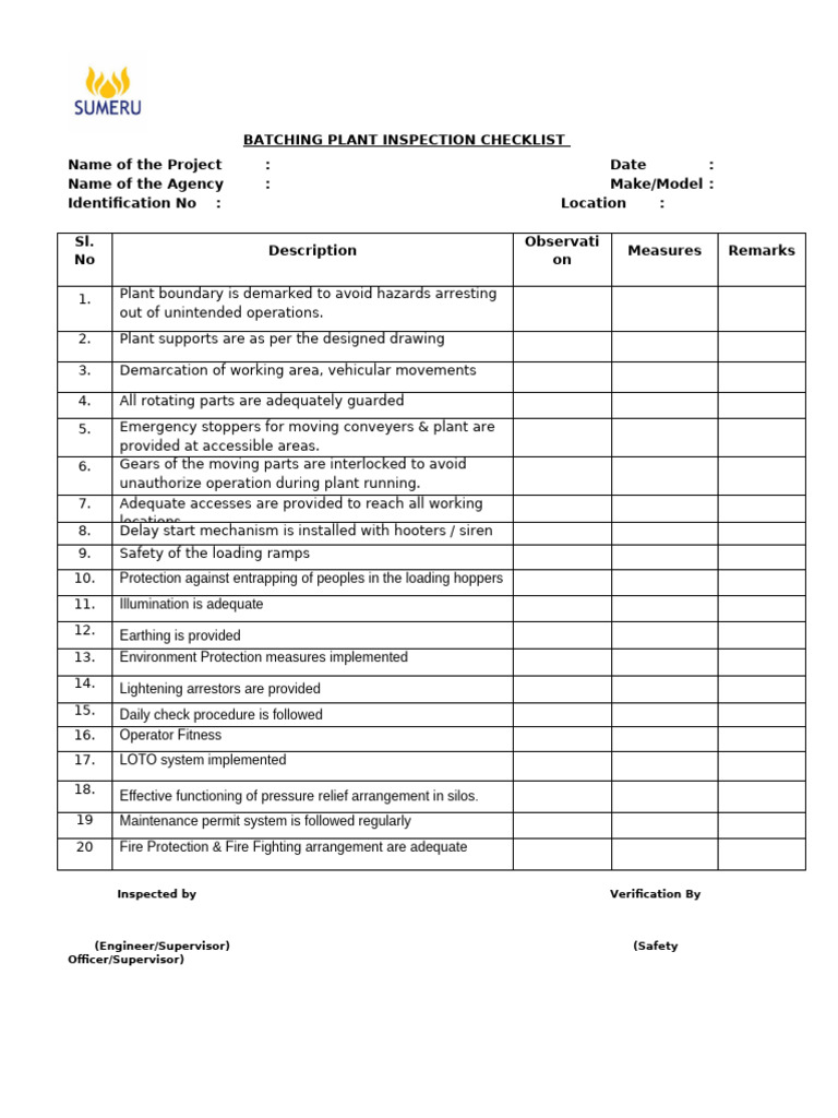Batching Plant Inspection Checklist | PDF
