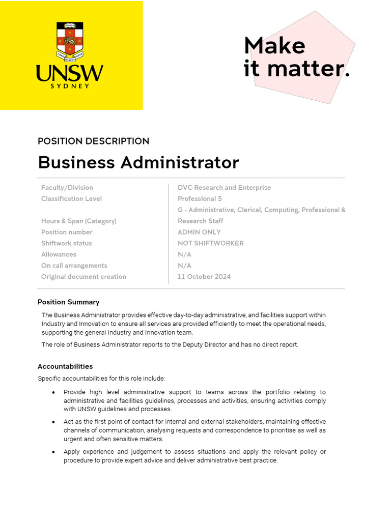 Business Administrator Job Description | PDF | Occupational Safety And ...
