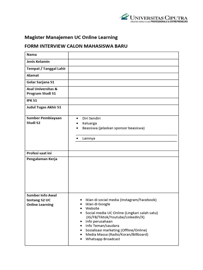 Form Interview Calon Mahasiswa Baru Ucol (1) | PDF