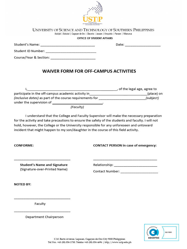 Waiver Form For Off Campus Activities 1 | PDF
