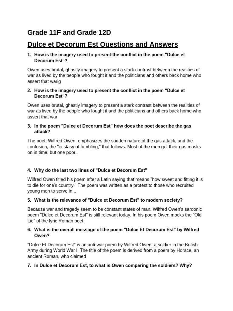 Dulce et Decorum Est: Q&A Guide | PDF