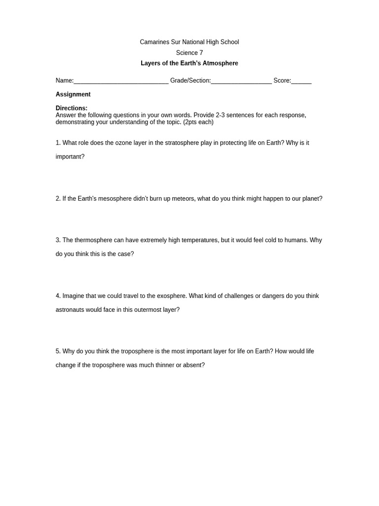 Layers of Earth's Atmosphere Assignment | PDF