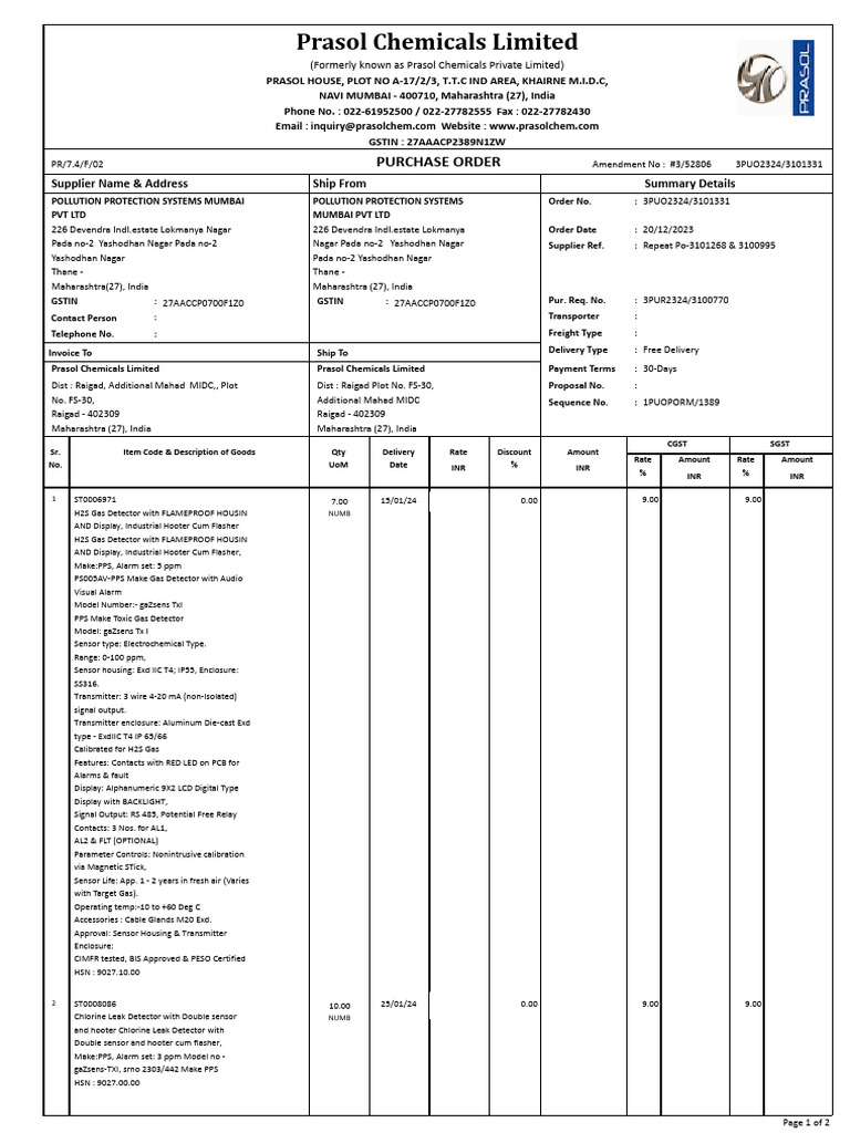 Prasol Chemicals Purchase Order Details | PDF | Invoice | Receipt