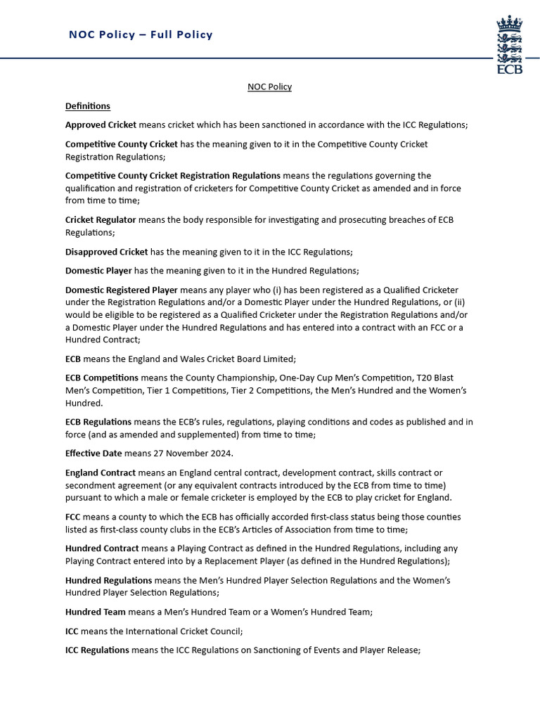 NOC Policy for Cricket Players | PDF | Justice | Crime & Violence