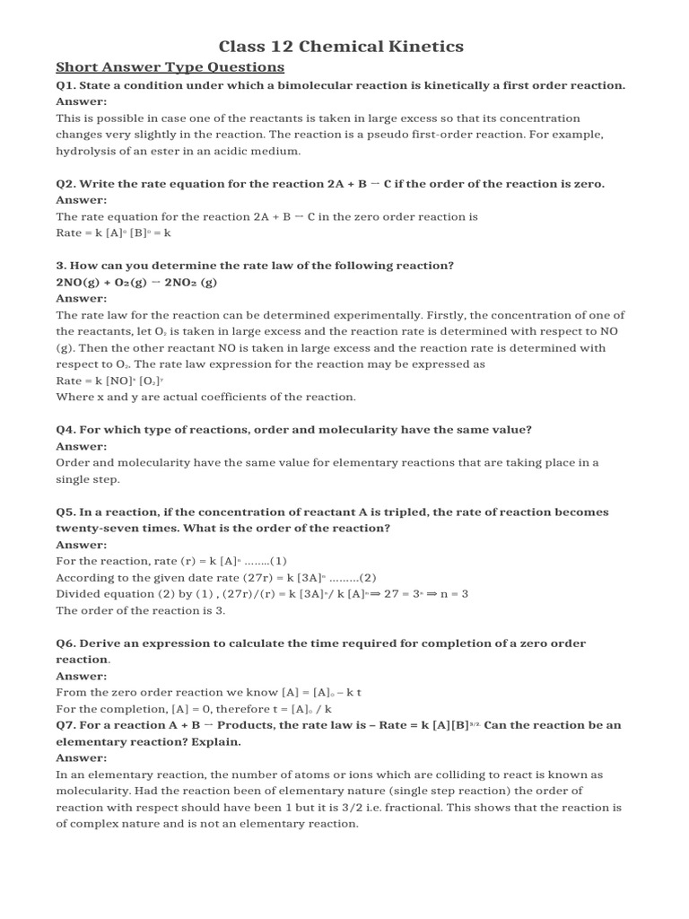 Chemical Kinetics 12Sc Questions | PDF | Reaction Rate | Activation Energy