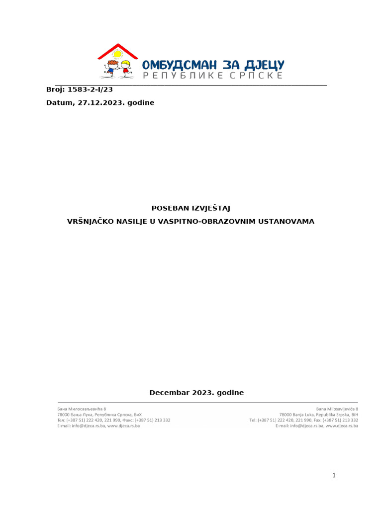 Ombudsman Za Djecu-Poeban Izvjestaj Vrsnjacko Nasilje | PDF