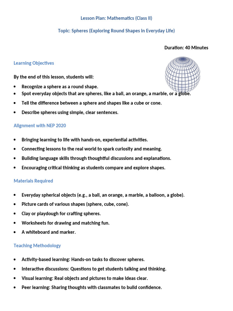 Exploring Spheres: Class II Lesson Plan | PDF | Sphere | Shape