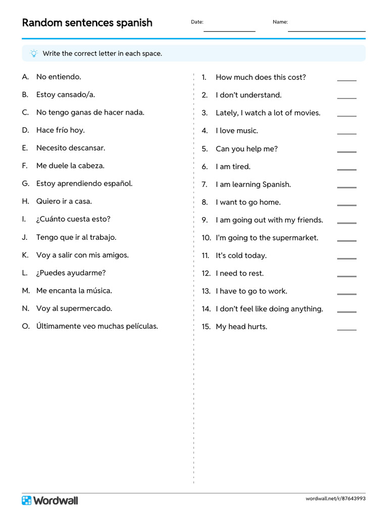 Random Sentences Spanish Match Up Write The Answer | PDF