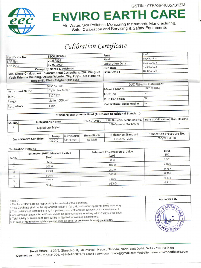 Calibration Certificate Light Illumination EEC-LUX-048 | PDF