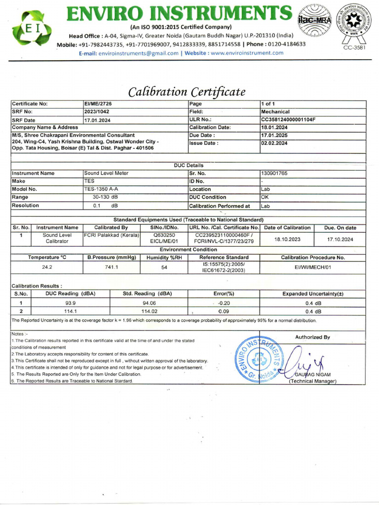 Calibration Certificate Sound Level EI-ME-2726 01 | PDF