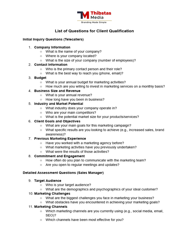 List of Questions For Client Qualification | PDF | Marketing | Mass Media