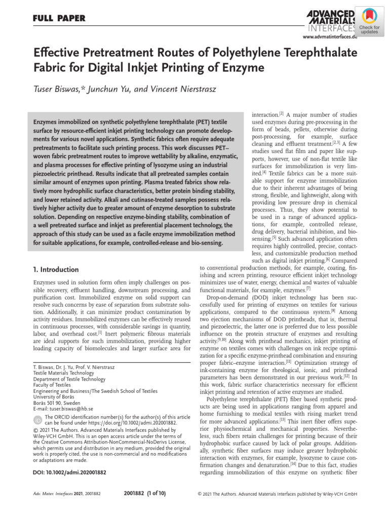 Effective Pretreatment Routes of Polyethylene Terephthalate Fabric For ...