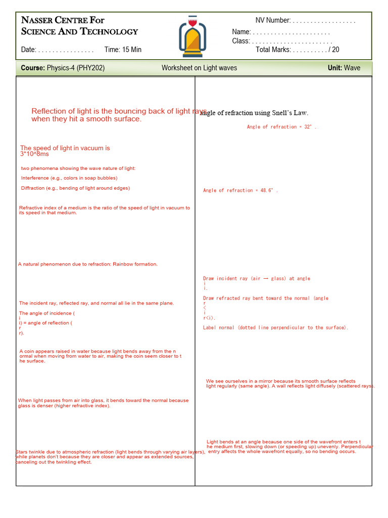 Worksheet RI | PDF | Refraction | Light