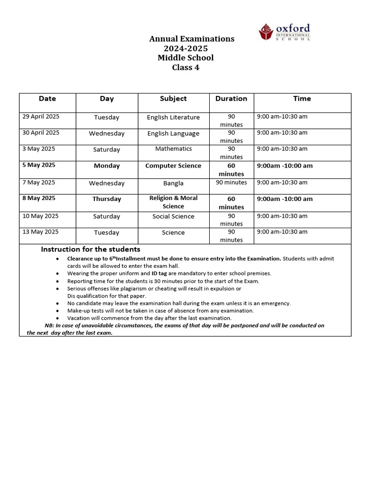 Annual Exams Routine 2024-2025-DC-Class 4 | PDF | Educational Stages | Qualifications