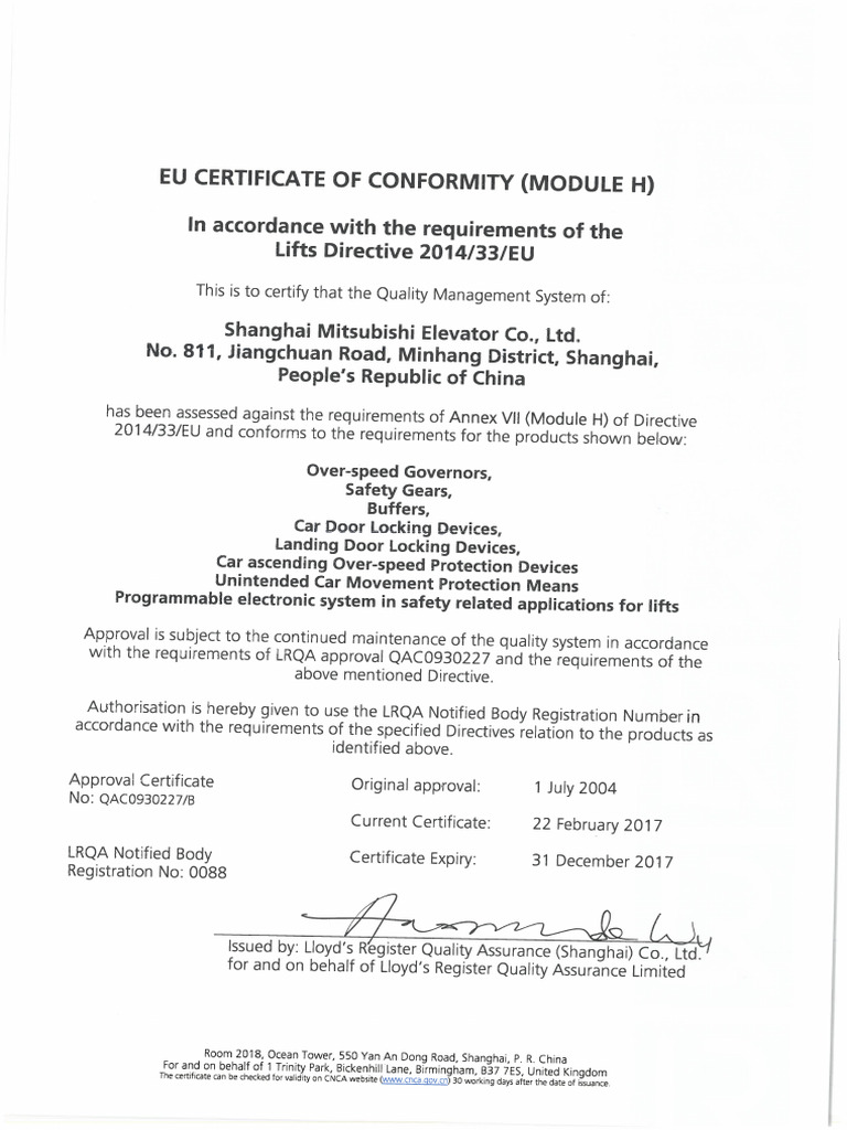 CE Certificate For Elevator | PDF