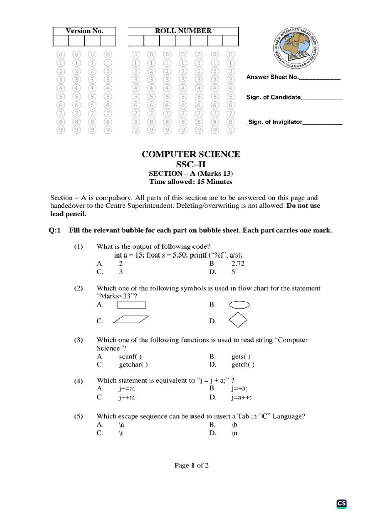 Final Model Paper Computer Science SSC-II | PDF