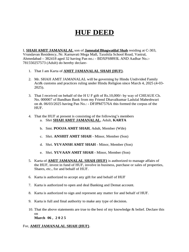 Huf Deed Amit Jamnalal Shah | PDF