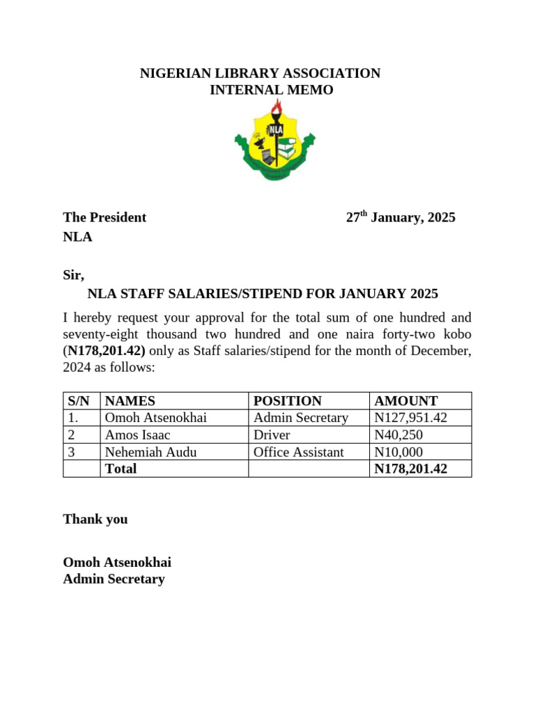 NLA Staff Salaries and Increment Request | PDF