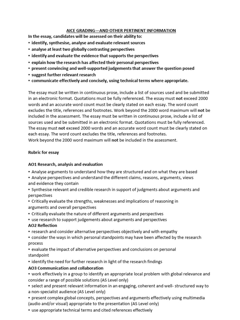 Aice Component 2 Grading and Other Pertinent Info | PDF | Essays | Argument