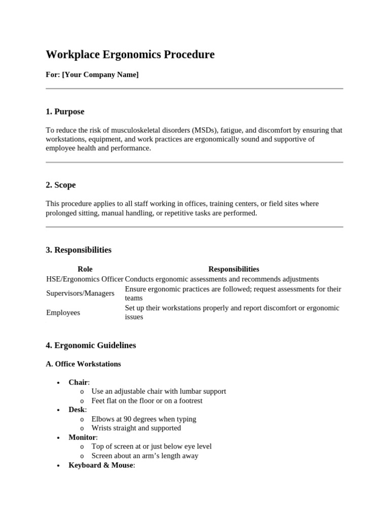 Work ergonomics Procedure | PDF | Workplace | Safety