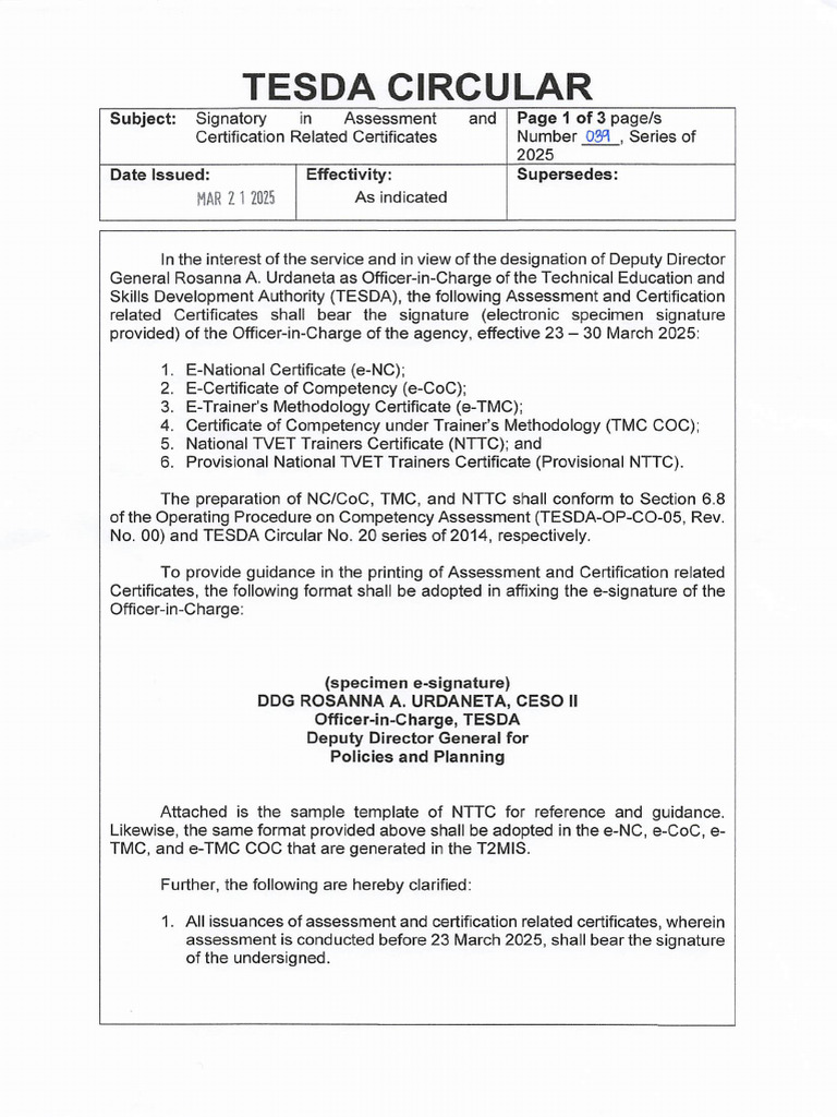 TESDA Circular on Certification Signatures | PDF | Signature ...