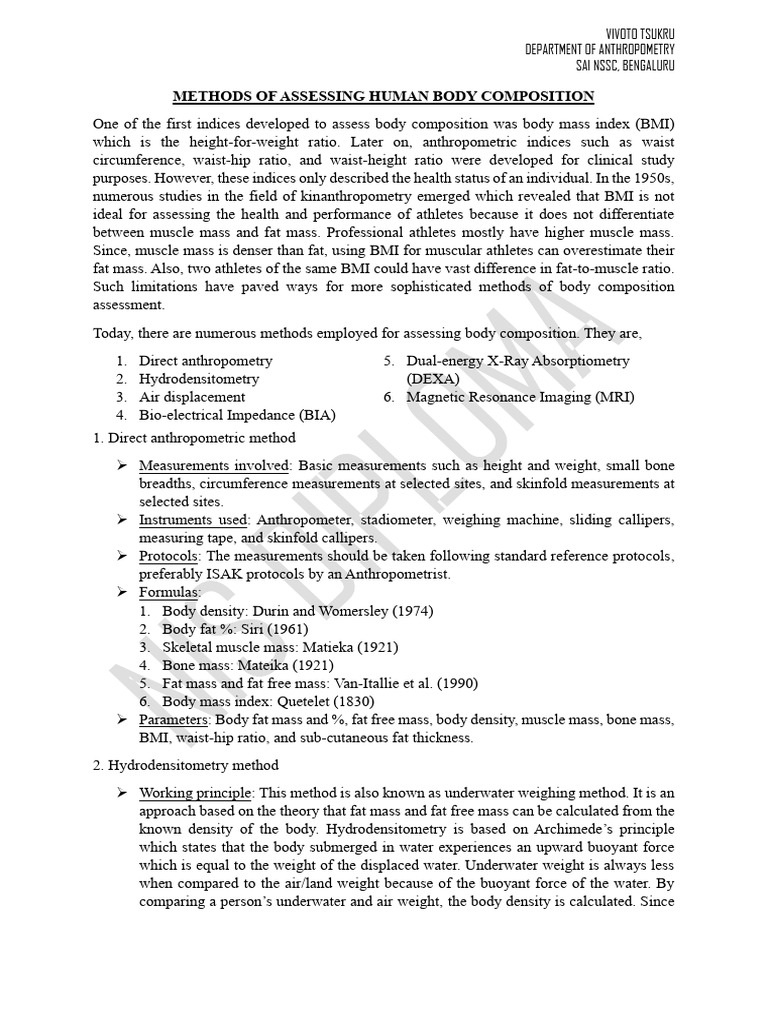 Methods Of Assessing Human Body Composition Pdf Anthropometry