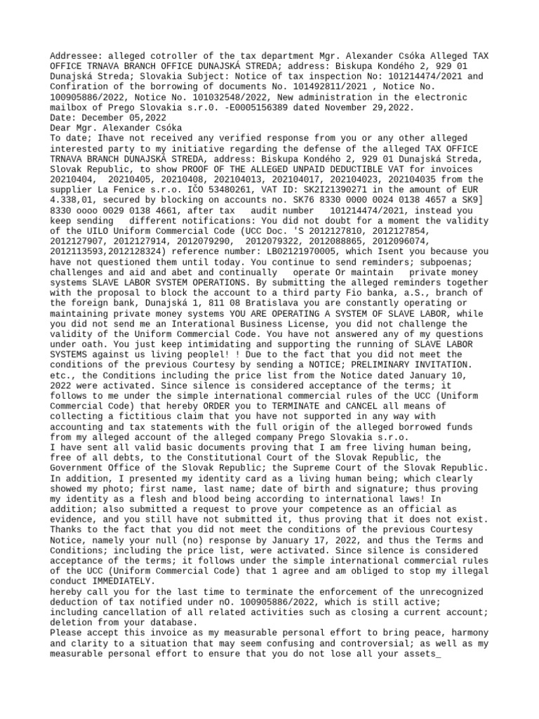 Alexander Csóka - Sprievodný List-0 | PDF | Uniform Commercial Code | Government