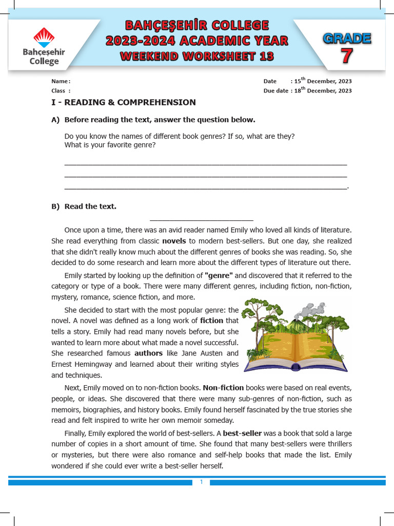 Grade 7 Weekend Worksheet: Genres of Literature | PDF | Novels ...