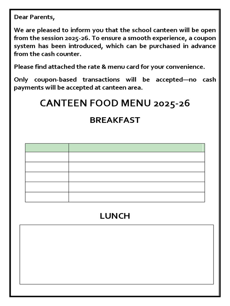 School Canteen Coupon System 2025-26 | PDF