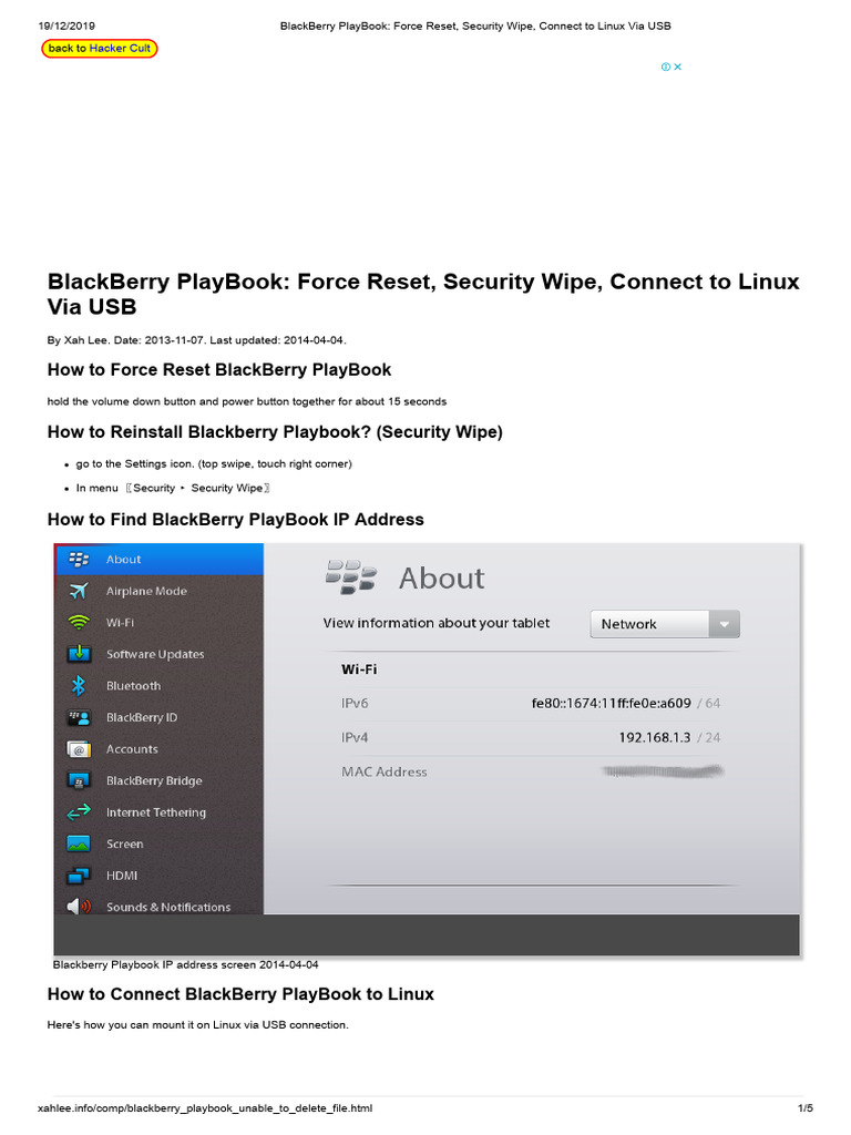 BlackBerry PlayBook - Force Reset, Security Wipe, Connect To Linux Via USB | PDF | Operating ...