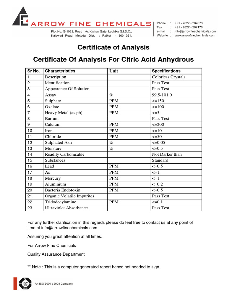6-Citric Acid Anhydrous Coa | PDF