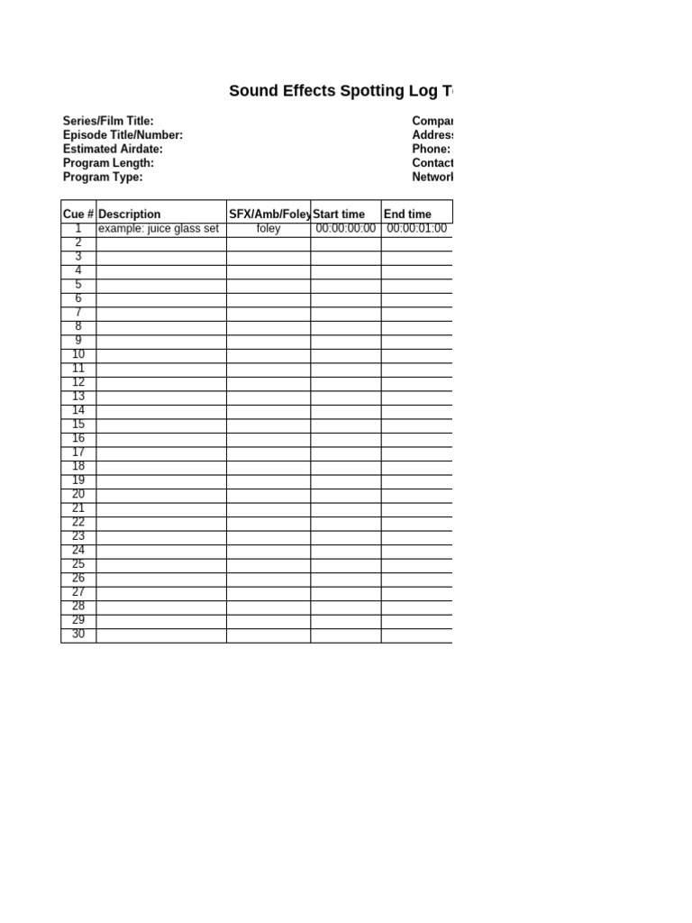Sound Effects Spotting Log Template | PDF