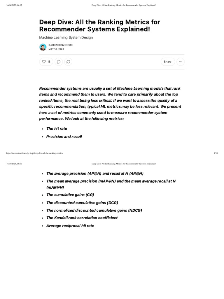 Deep Dive_ All the Ranking Metrics for Recommender Systems Explained! | PDF