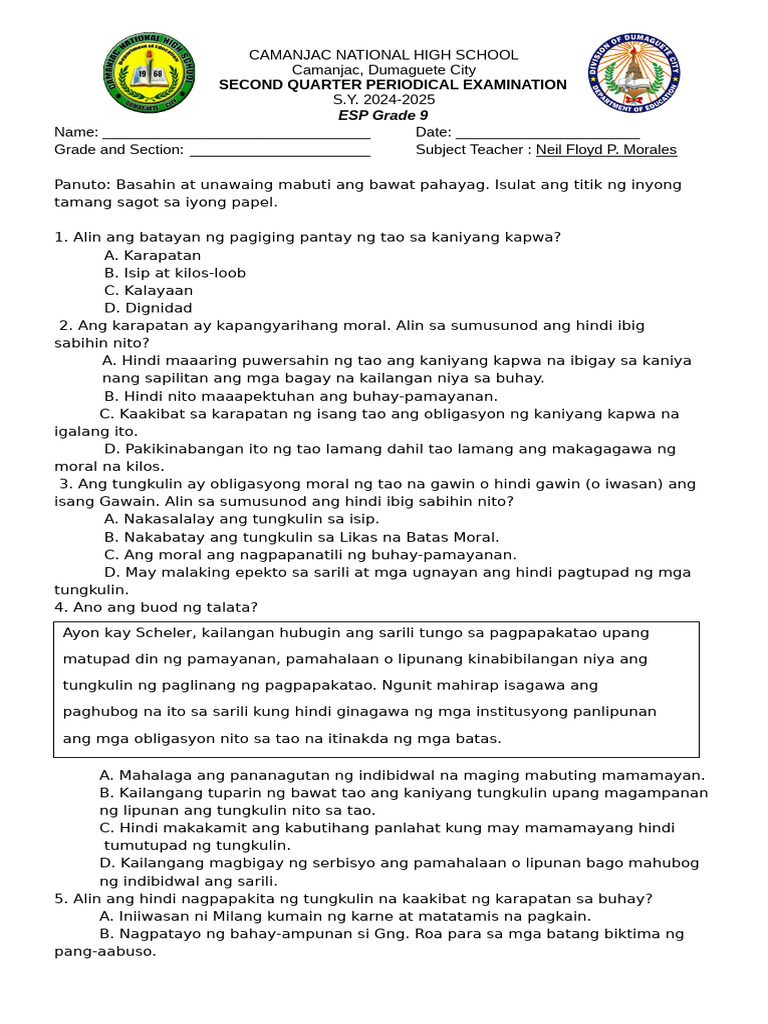 ESP 9 2nd Quarter exam | PDF