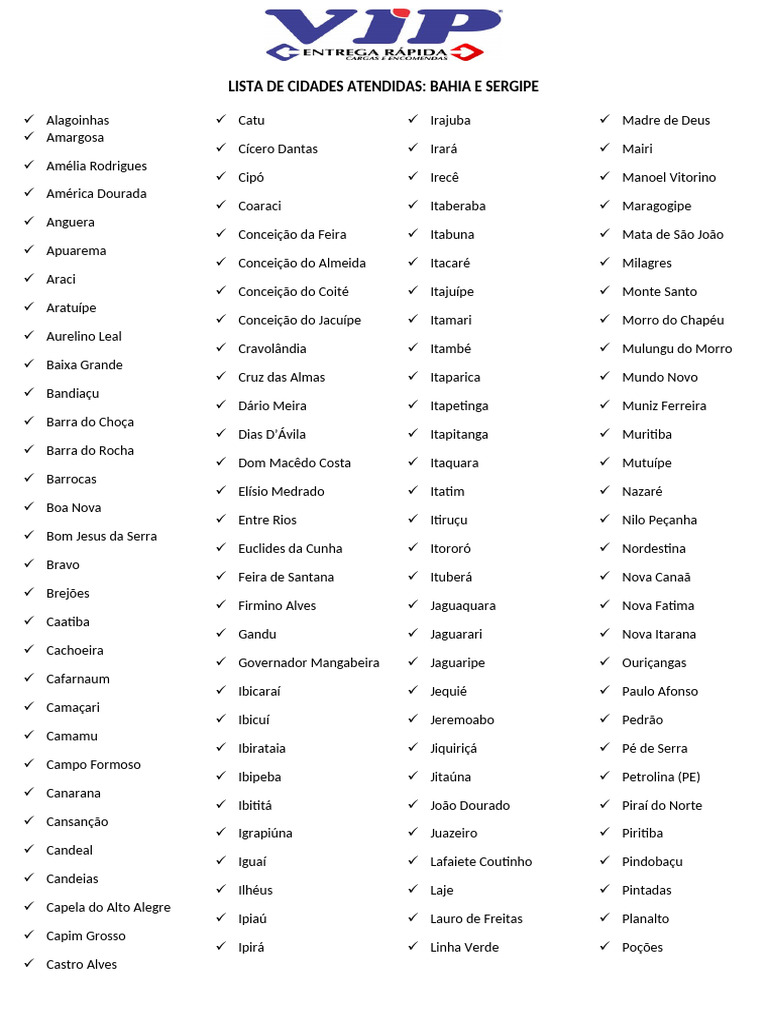 Cidades Atendidas na Bahia e Sergipe | PDF