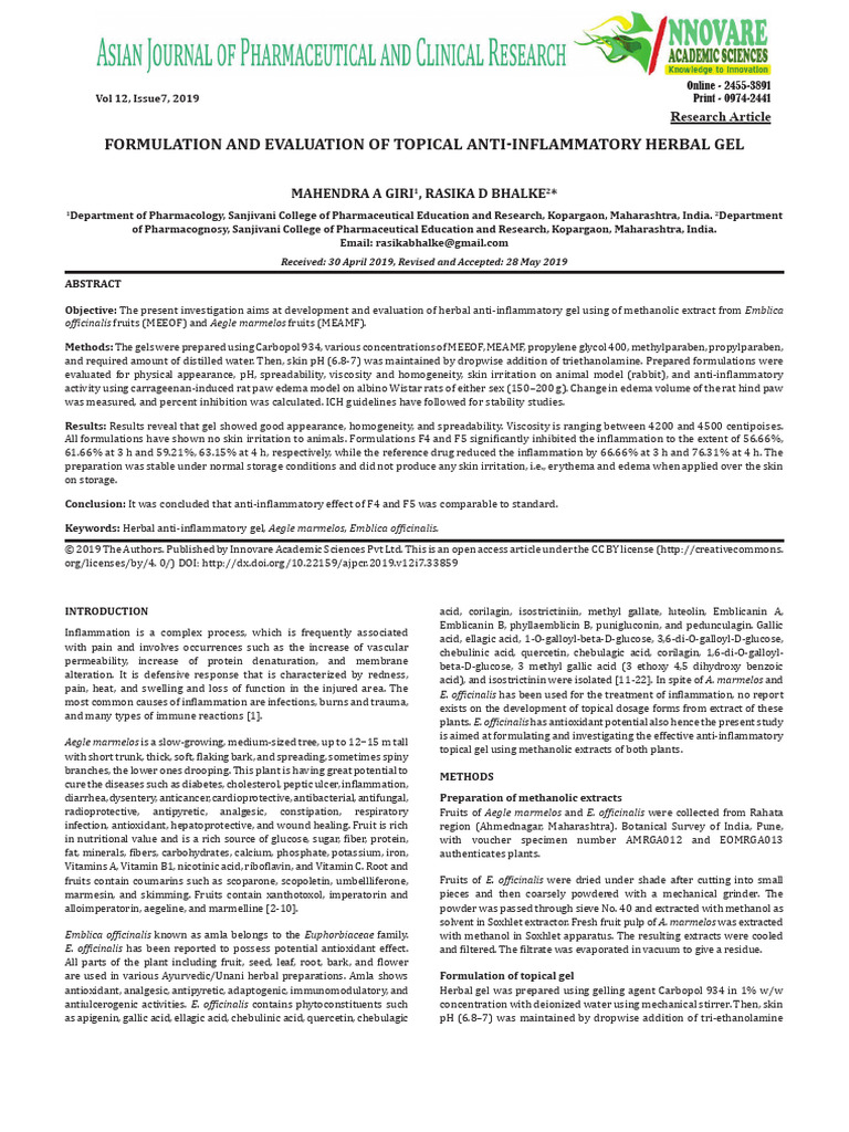 Formulation and Evaluation of Topical Anti-Inflamm | PDF | Inflammation ...