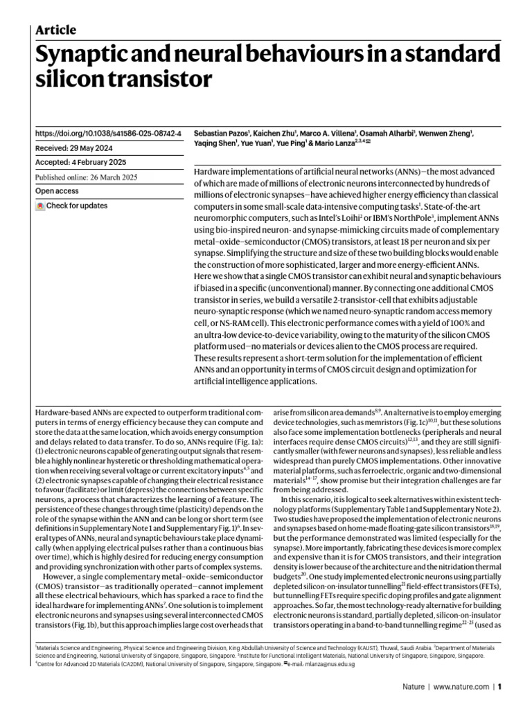 Synaptic and Neural Behaviours in A Standard Silicon Transistor | PDF ...