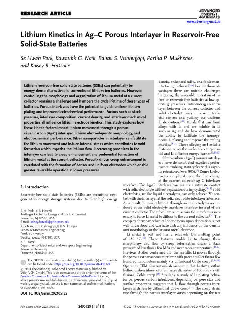 Lithium Kinetics in Ag–C Porous Interlayer in Reservoir-Free | PDF ...