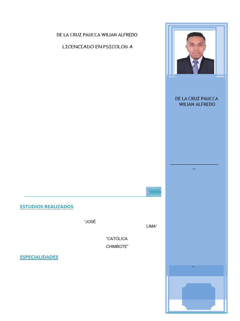 CV Willy de La Cruz - Actualizado | PDF | Sicología | Salud mental